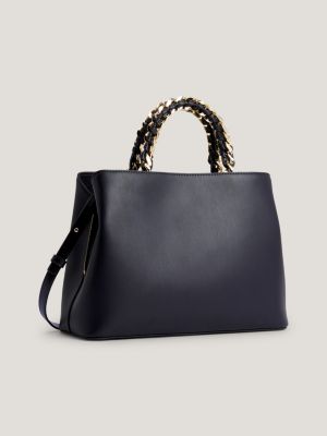 Medium Satchel Mit Monogramm Emblem Blau Tommy Hilfiger