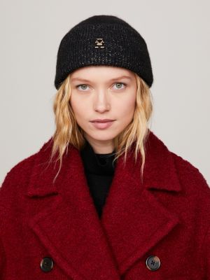 Rib-Knit TH Monogram Plaque Beanie | BLACK | Tommy Hilfiger