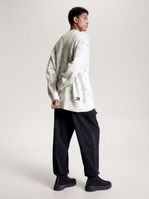 Oversized Fit Pullover Mit Intarsien Logo Weiß Tommy Hilfiger