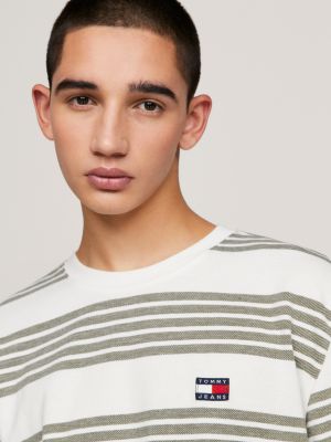 Textured Stripe Badge Long Sleeve T Shirt White Tommy Hilfiger