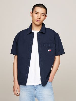Essential Logo Embroidery Short Sleeve Overshirt | Blue | Tommy Hilfiger
