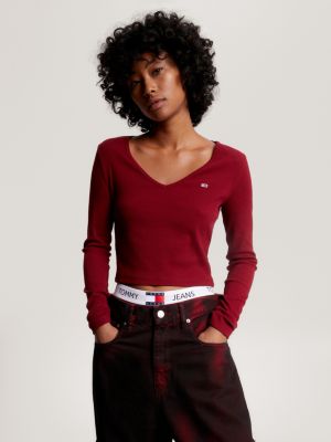 Essential Geripptes Cropped Fit Langarmshirt Rot Tommy Hilfiger