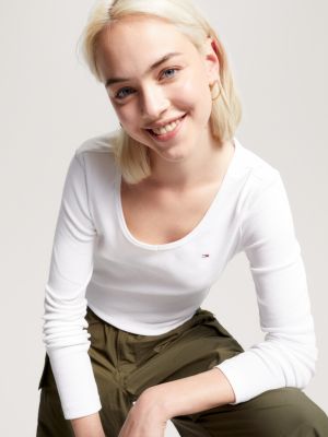 Essential Geripptes Cropped Fit Langarmshirt Weiß Tommy Hilfiger