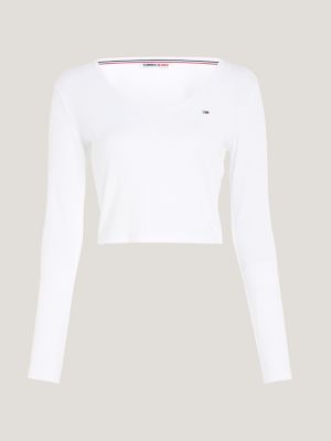 Essential Geripptes Cropped Fit Langarmshirt Weiß Tommy Hilfiger