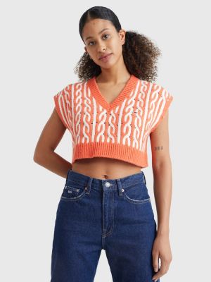 Super Cropped Fit Cable Knit Vest Red Tommy Hilfiger