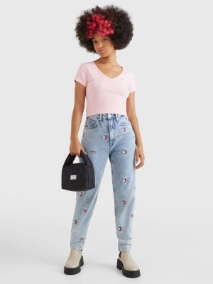 Camiseta Essential Cropped Con Cuello De Pico Rosa Tommy Hilfiger