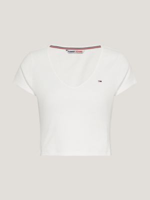 Essential Geripptes Cropped Fit T Shirt Weiß Tommy Hilfiger