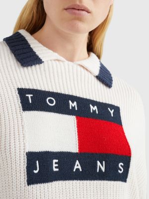 Pullover Mit Kragen Und Intarsien Logo Weiß Tommy Hilfiger