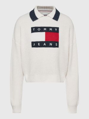 Pullover Mit Kragen Und Intarsien Logo Weiß Tommy Hilfiger