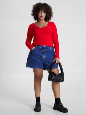 Curve Essential geripptes Langarm-Crop Top | Rot | Tommy Hilfiger
