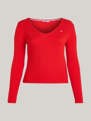 Curve Essential Geripptes Langarm Crop Top Rot Tommy Hilfiger