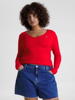 Curve Essential Geripptes Langarm Crop Top Rot Tommy Hilfiger