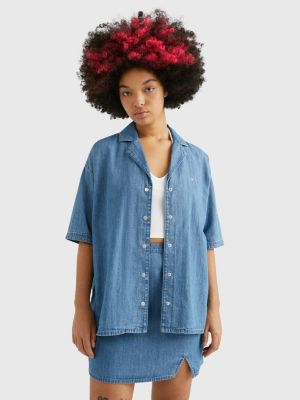 Camicia Oversize A Maniche Corte In Chambray Denim Tommy Hilfiger