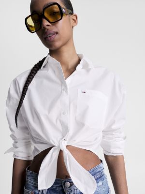 Cropped Fit Popeline Bluse Mit Knoten Detail Weiß Tommy Hilfiger