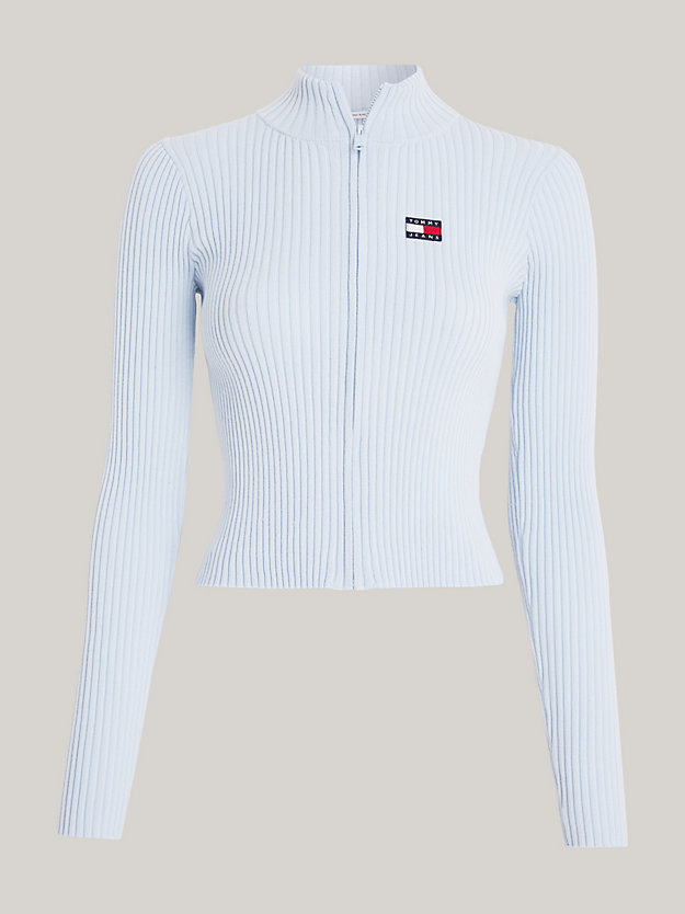 Badge Zip-Thru Rib-Knit Cardigan | Blue | Tommy Hilfiger Badge Zip-Thru Rib-Knit Cardigan | Blue | Tommy Hilfiger