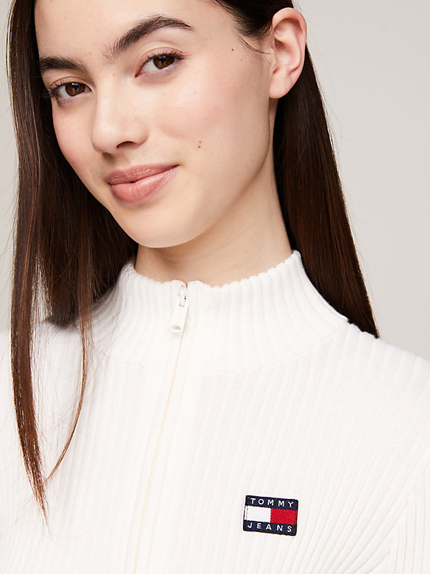 Badge Zip-Thru Rib-Knit Cardigan | White | Tommy Hilfiger Badge Zip-Thru Rib-Knit Cardigan | White | Tommy Hilfiger
