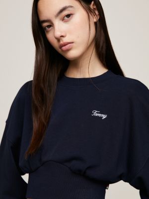 Felpa Crop Relaxed Fit Con Logo In Corsivo Blu Tommy Hilfiger