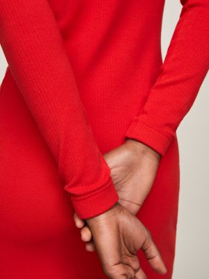 Geripptes Langarm Bodycon Kleid Mit Badge Rot Tommy Hilfiger