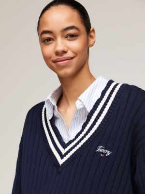 Geribde Relaxed Trui Met V Hals Blauw Tommy Hilfiger