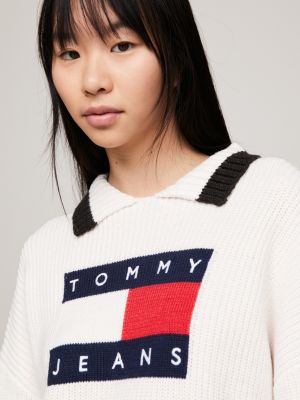 Boxy Cropped Fit Pullover Mit Flag Badge Weiß Tommy Hilfiger