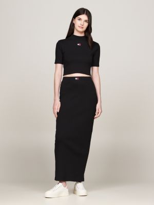 Ribbed Mock Turtleneck Badge Crop Top Black Tommy Hilfiger