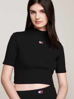 Ribbed Mock Turtleneck Badge Crop Top Black Tommy Hilfiger