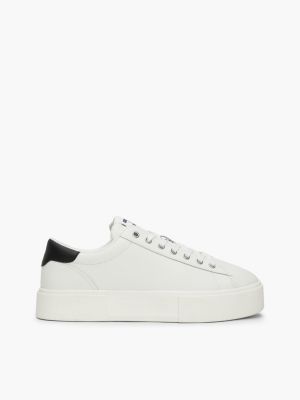 Baskets à Semelle Foxing Compensée En Cuir Blanc Tommy Hilfiger