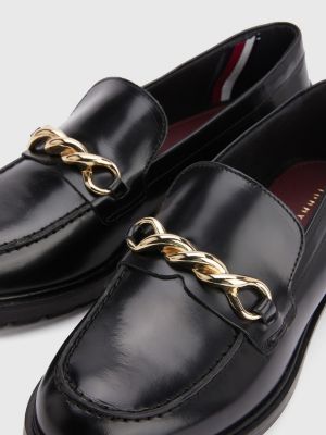 Th Monogram Klobiger Leder Mokassin Mit Kettendetail Schwarz Tommy