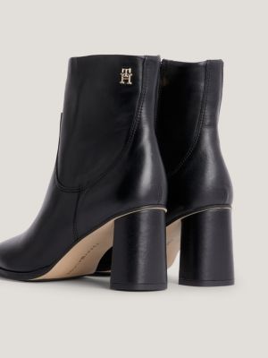 Square Toe Leder Stiefelette Mit Monogramm Schwarz Tommy Hilfiger