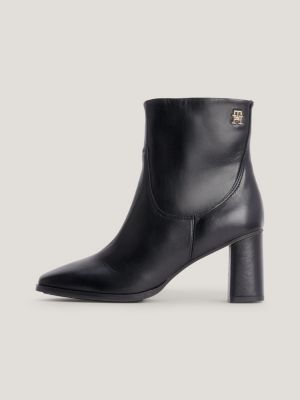 Square Toe Leder Stiefelette Mit Monogramm Schwarz Tommy Hilfiger