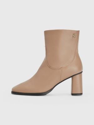 Square Toe Leder Stiefelette Mit Monogramm Braun Tommy Hilfiger