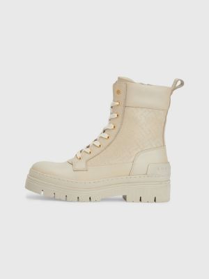 Lace Up Stiefelette Aus Leder Mit Monogramm Beige Tommy Hilfiger