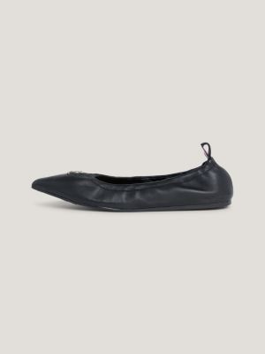 Pointed Toe Monogram Leather Ballerinas Black Tommy Hilfiger