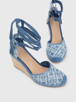 Denim Monogram Wedge Espadrilles Blue Tommy Hilfiger