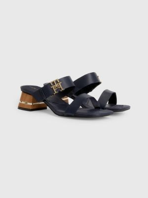 Th Monogram Block Heel Leather Sandals Blue Tommy Hilfiger