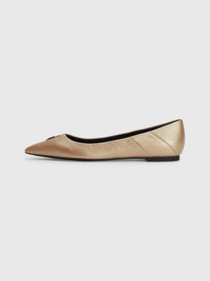 Metallic Leren Ballerina Met Monogram Goud Tommy Hilfiger