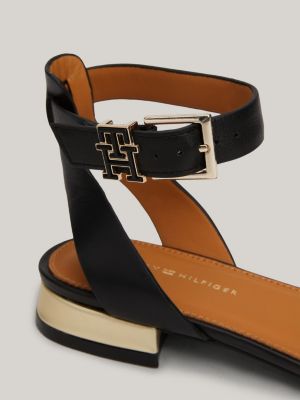 Th Monogram Leather Flat Sandals Black Tommy Hilfiger