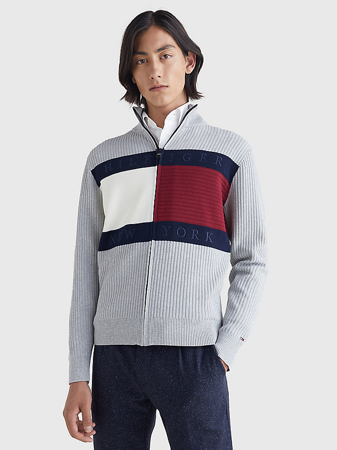 Rib-Knit Zip-Thru Flag Cardigan | GREY | Tommy Hilfiger Rib-Knit Zip-Thru Flag Cardigan | GREY | Tommy Hilfiger