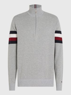 Global Stripe Half Zip Mock Neck Jumper Grey Tommy Hilfiger