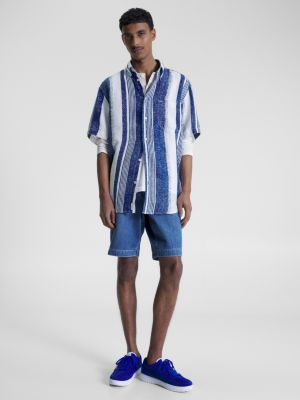 Archive Gestreiftes Leinen Kurzarmhemd Blau Tommy Hilfiger