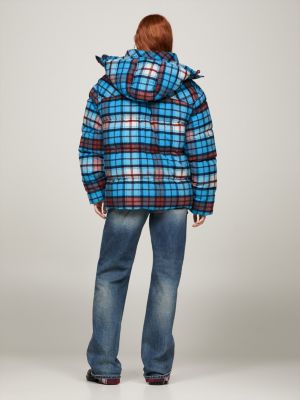 Dual Gender Tartan Check Oversized New York Puffer Jacket White