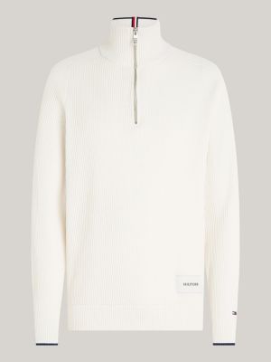 Pull Côtelé à Col Cheminée Zippé Beige Tommy Hilfiger