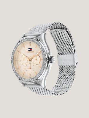 Mesh Strap Crystal Bezel Watch Silver Tommy Hilfiger