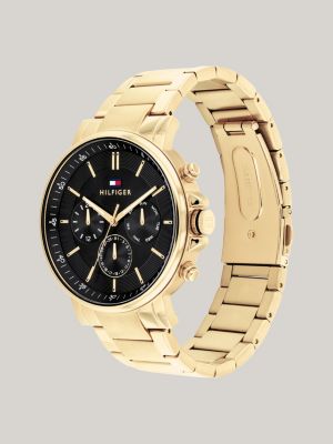 Zegarek Z Czarną Tarczą I Bransoletą Z Ogniw Złoty Tommy Hilfiger