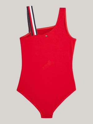 Global Stripe Asymmetrical Neck One Piece Swimsuit Red Tommy Hilfiger