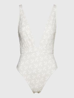 Th Monogram Plunge One Piece Swimsuit White Tommy Hilfiger