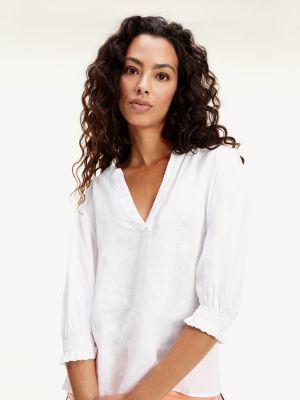 Linen Relaxed Fit Three Quarter Sleeve Blouse White Tommy Hilfiger