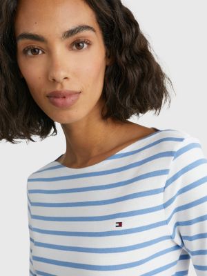 Gestreiftes Slim Fit Top Mit U Boot Ausschnitt Blau Tommy Hilfiger