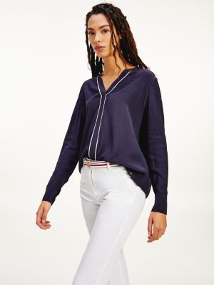 Blouse Met V Hals En Biezen Blauw Tommy Hilfiger
