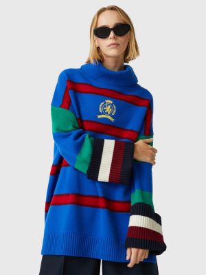 Jersey De Lana Oversize Con Escudo Y Rayas Azul Tommy Hilfiger